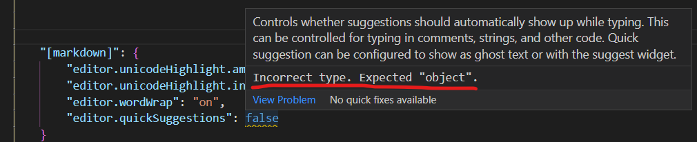 Default For `editorquicksuggestions` In Markdown Language Specific Settings Is Invalid