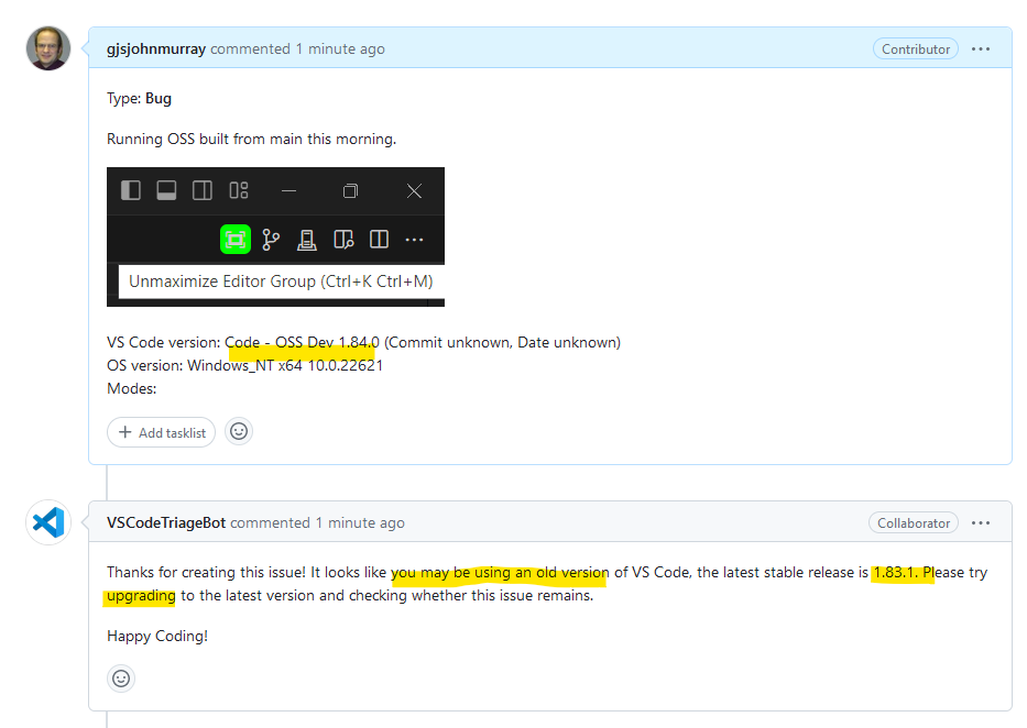 Triage Bot Could Be Smarter About Issues Reported From Oss Build · Issue 189 · Microsoft Vscode
