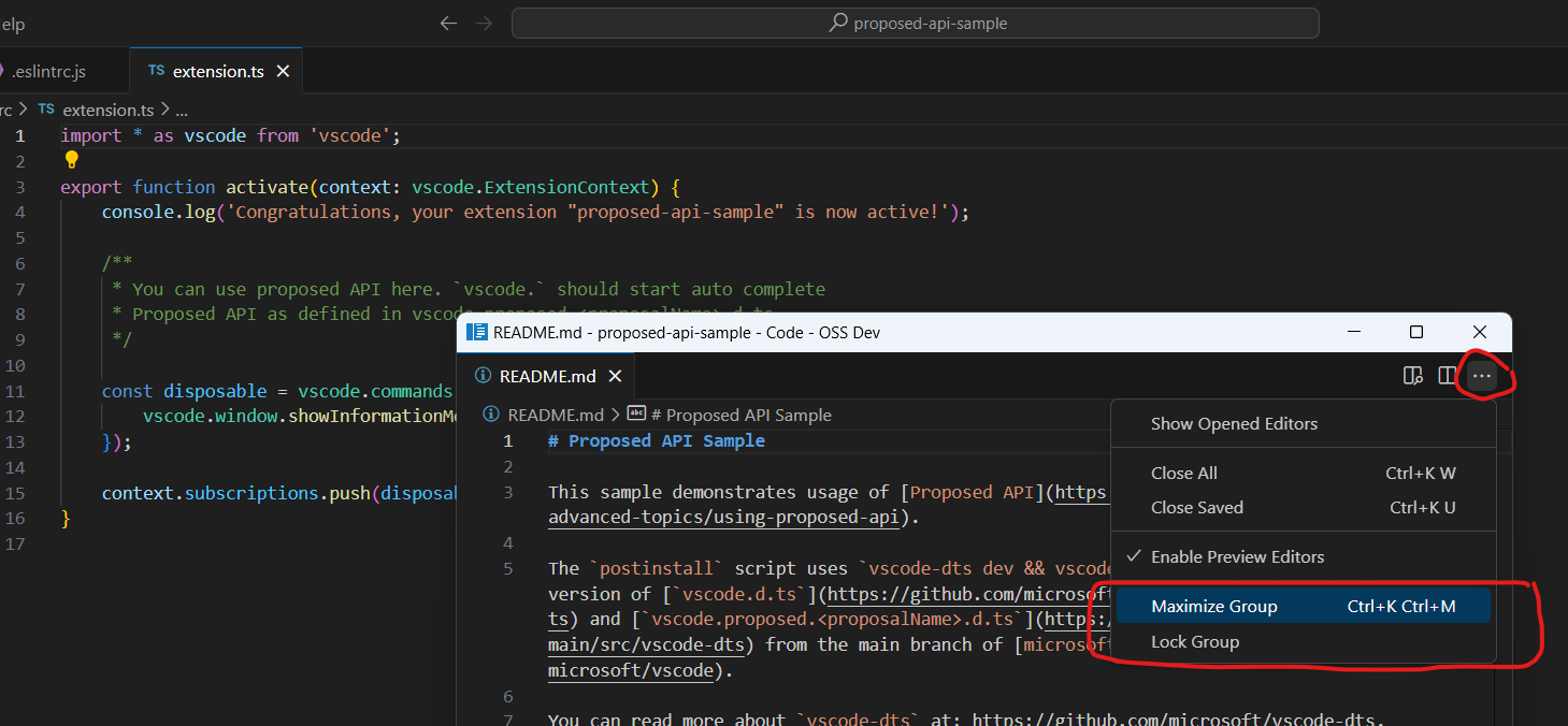 Aux window: `...` menu offers Maximize Group and Lock Group options ...