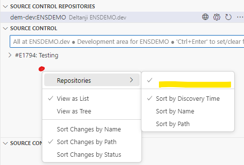 SCM view: Repositories submenu of context menu on blank area of a Source Control section can ...