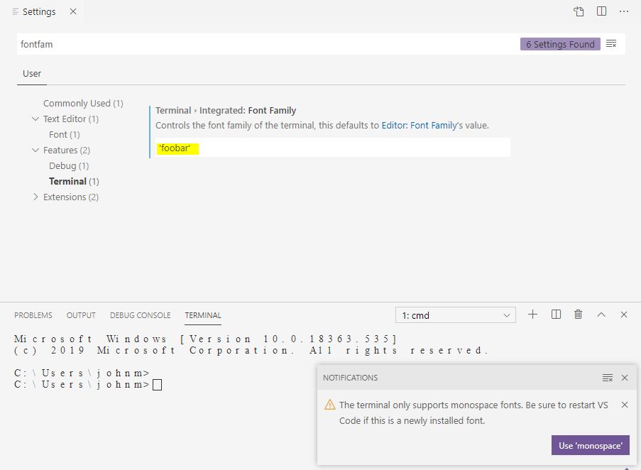 Can't set Meslo font to Terminal: The terminal only Supports monospace fonts · Issue #88607 ...