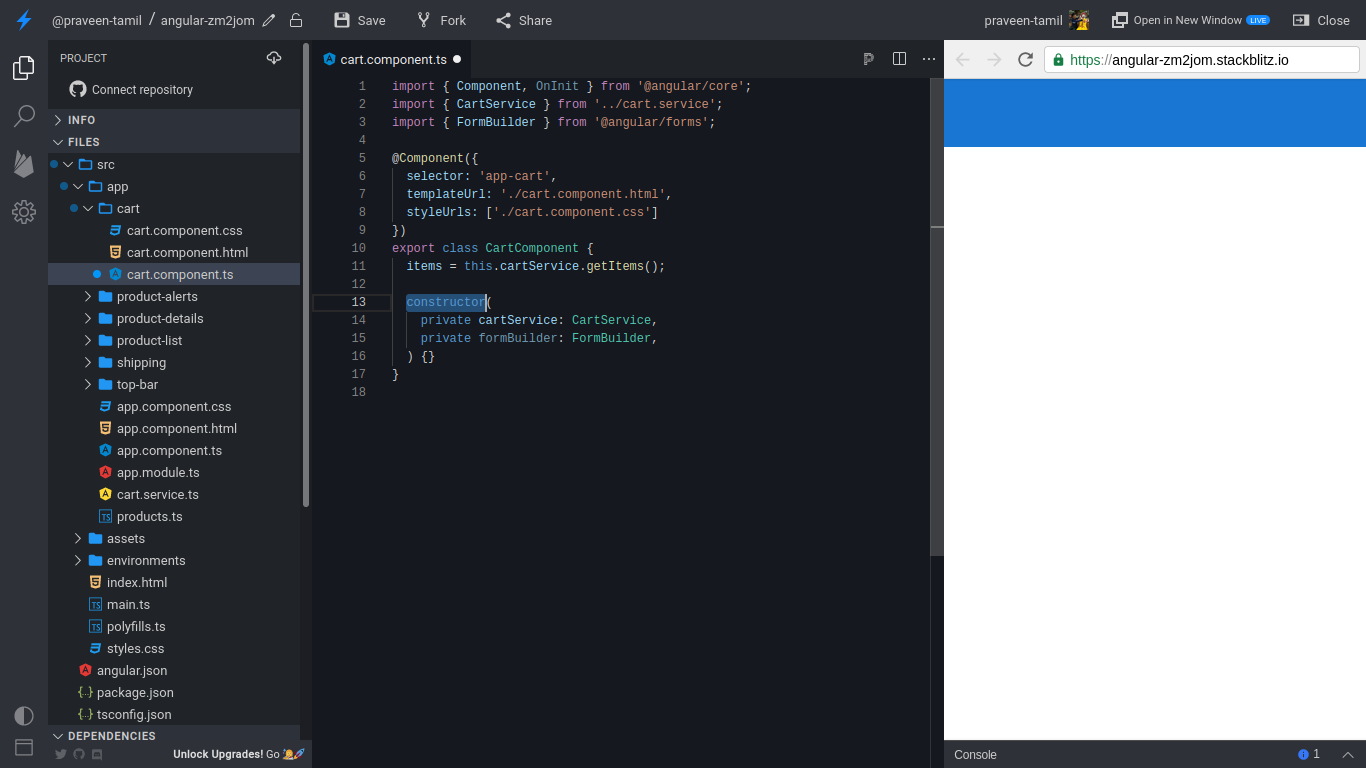 Angular Browser is gone when updating component constructor · Issue #1537 · stackblitz/core · GitHub