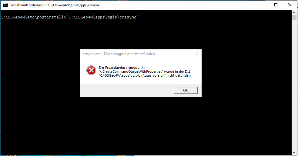 crssync.exe: Process entry point 'clCreateCommandQueueWithProperties' not found in DLL 'qgis ...