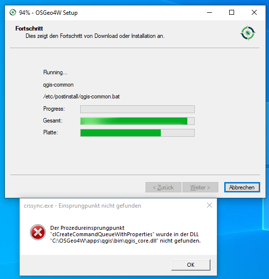 crssync.exe: Process entry point 'clCreateCommandQueueWithProperties' not found in DLL 'qgis ...