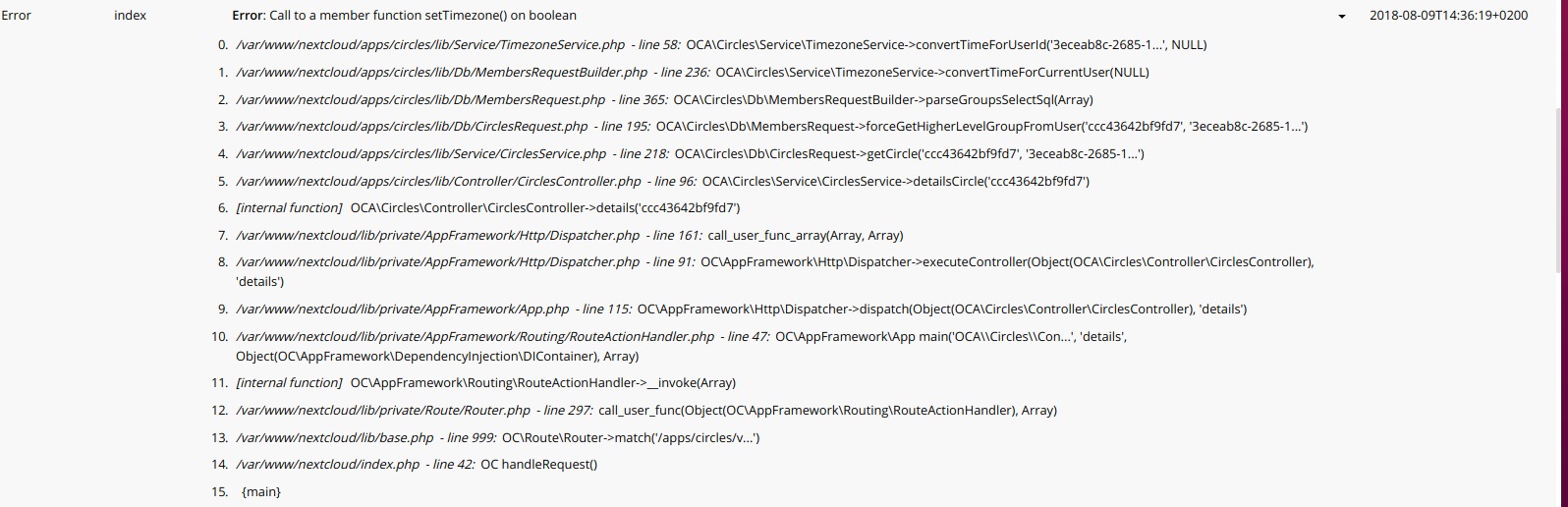 Error: Call to a member function setTimezone() on boolean · Issue #221 · nextcloud/circles · GitHub