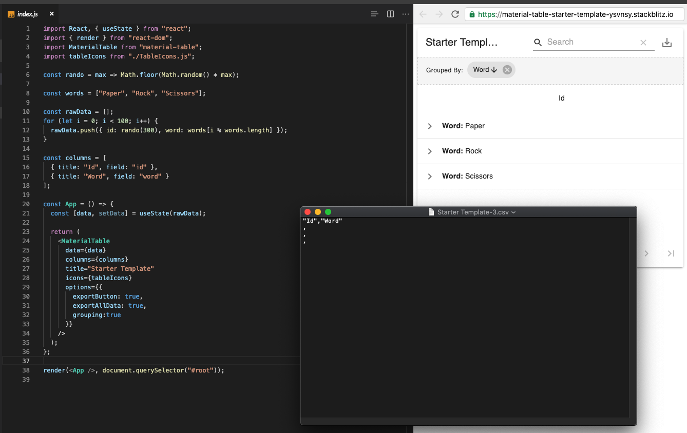 Exporting Grouped Columns Downloads Blank CSV/PDF · Issue #2492 · mbrn/material-table · GitHub