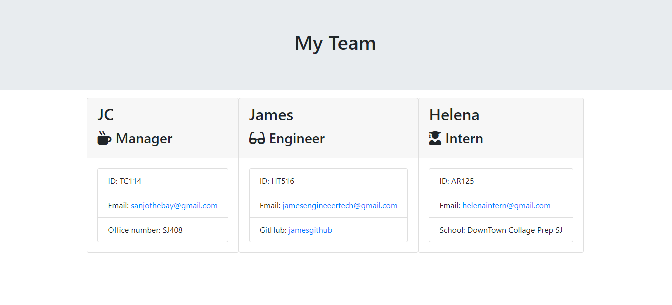 GitHub - sanjothebay/Team_Profile_Generator: Team Profile Generator