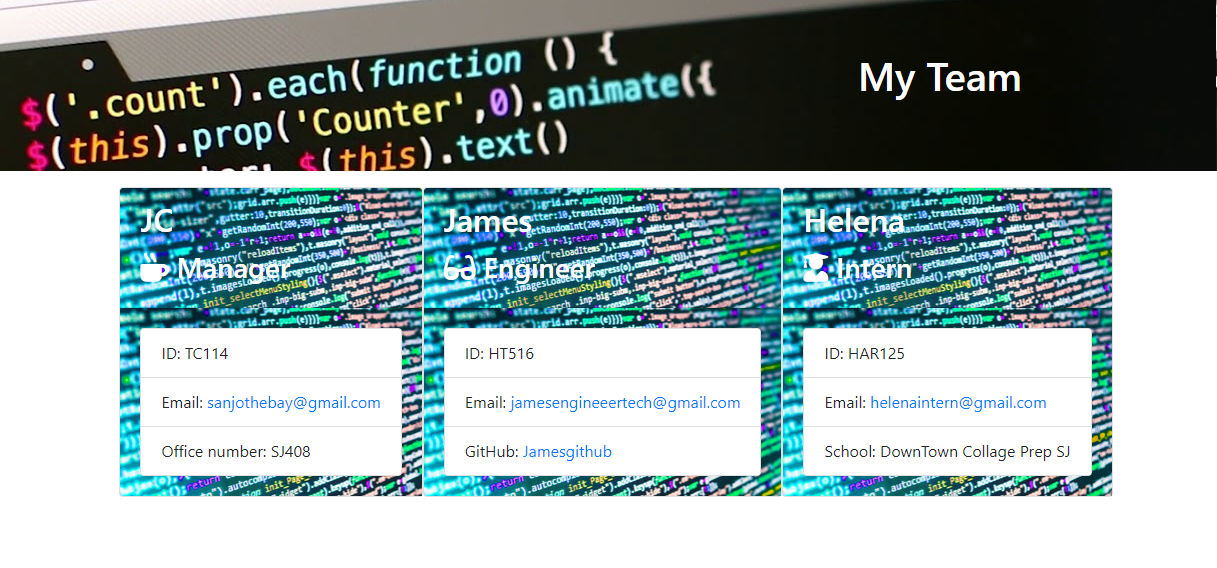 GitHub - sanjothebay/Team_Profile_Generator: Team Profile Generator