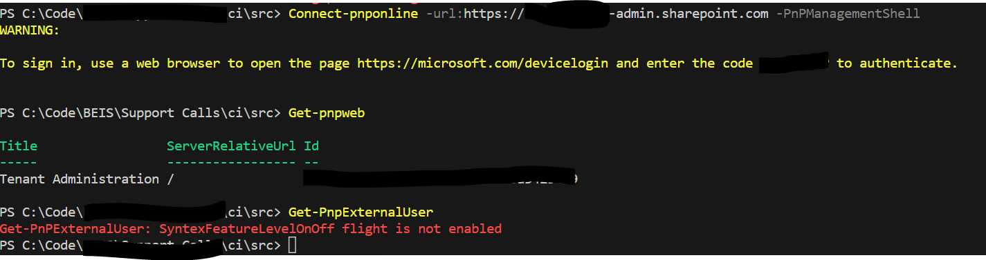 [BUG] Get-PnPExternalUser fails with message "SyntexFeatureLevelOnOff flight is not enabled ...