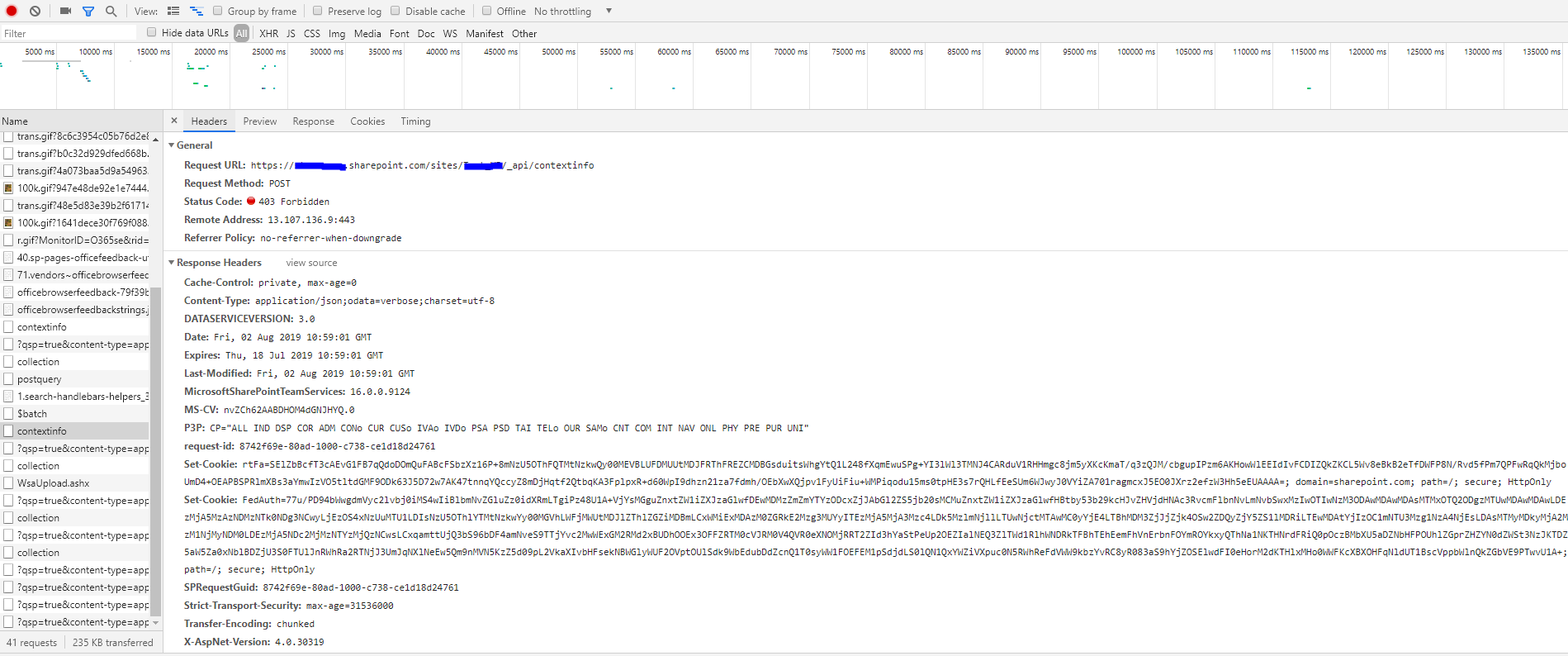 Search Result fails with "Error making HttpClient request in queryable [403] Forbidden ...
