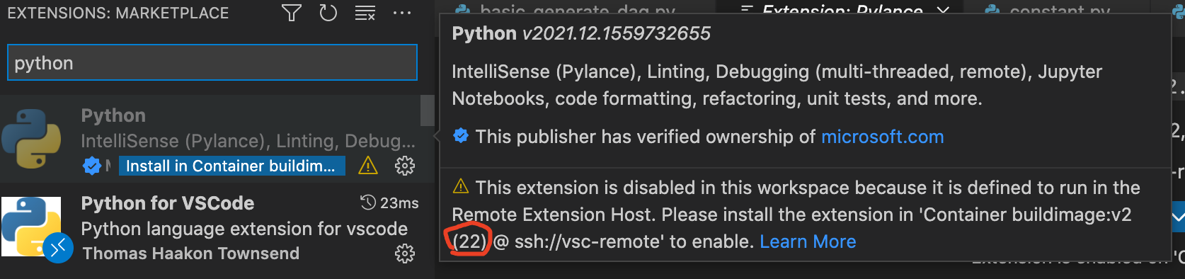 Can not install offcial Python Extension into a container (but can ...