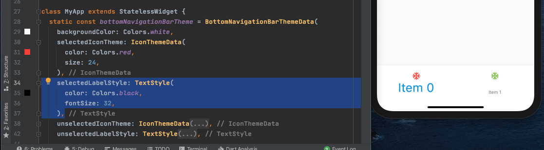 BottomNavigationBarItem title's color is not overriden neither by selectedLabelStyle nor ...