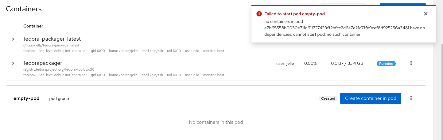 Cannot start empty infra less pod · Issue #1101 · cockpit-project/cockpit-podman · GitHub