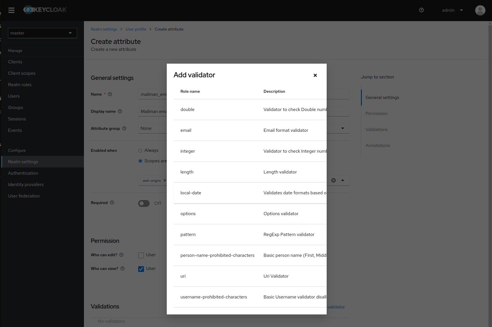 Add validator modal for a new user attribute has text cut off · Issue #17795 · keycloak/keycloak ...