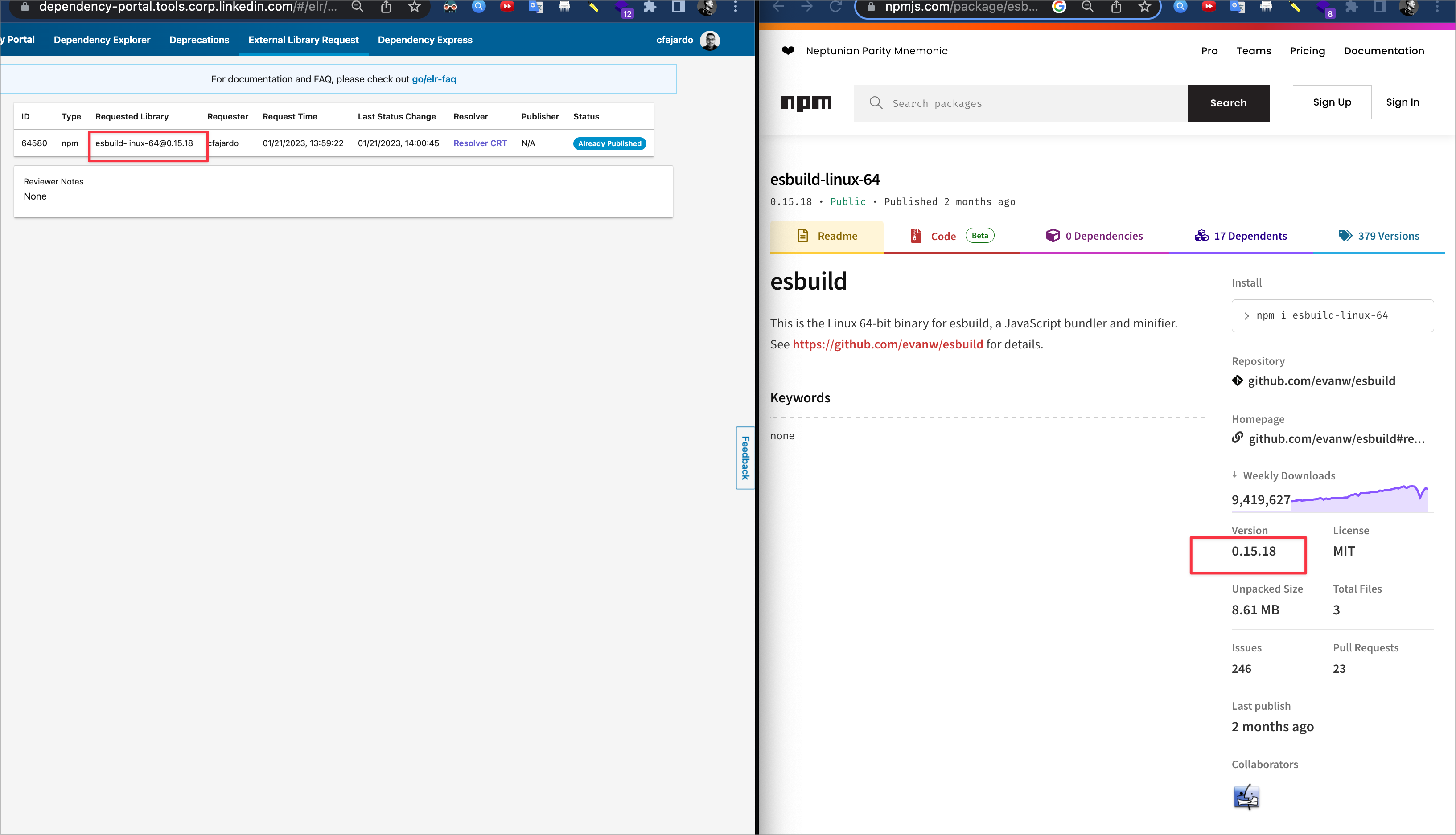 new versions of `esbuild/linux-x64` are not published on the npm registry? · Issue #2858 · evanw ...