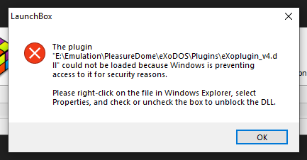 LaunchBox plugin throws error windows is blocking the dll · Issue #1119 · exoscoriae/eXoDOS · GitHub