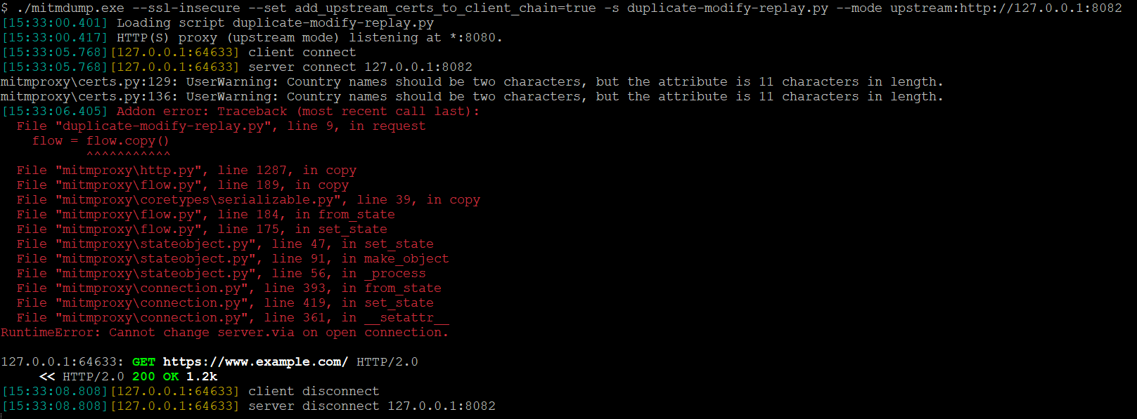 "RuntimeError: Cannot change server.via on open connection" when using ...