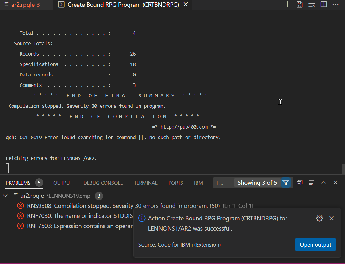 Displays And Tabs After A Compile · Issue 1628 · Codeforivscode Ibmi · Github 9791