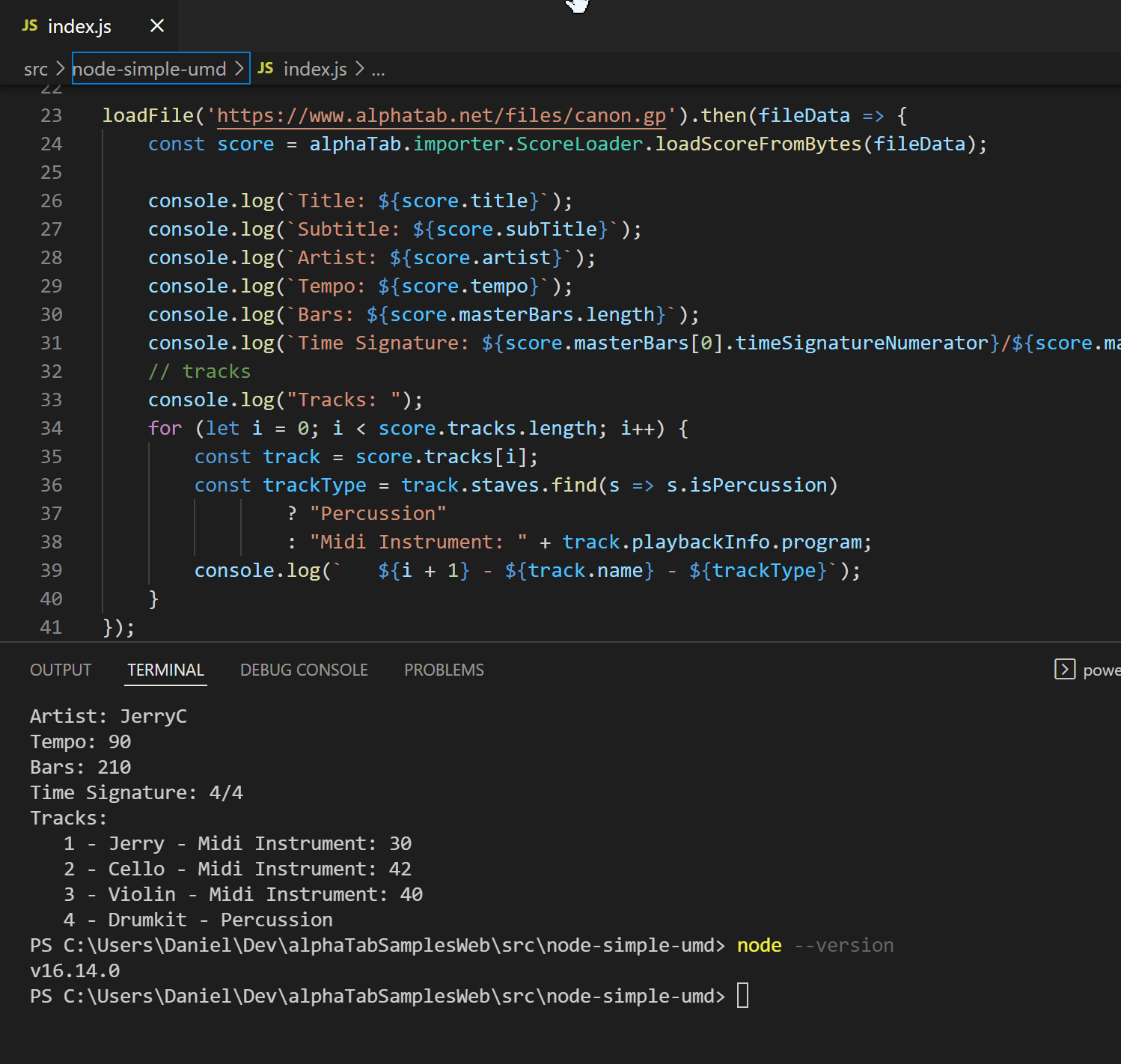 'ReferenceError: document is not defined' when attempting to load .gp5 file via node walkthrough ...