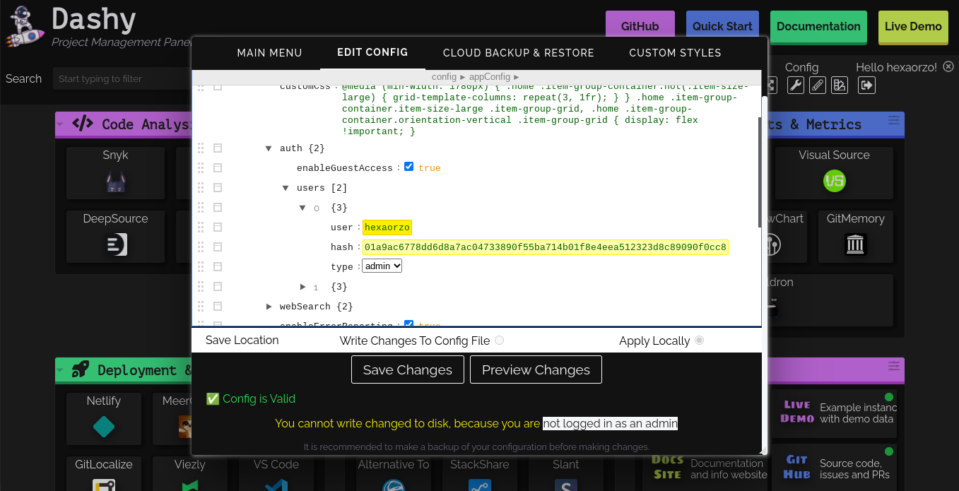 [BUG] You cannot write changed to disk, because you are not logged in as an admin · Issue #1139 ...