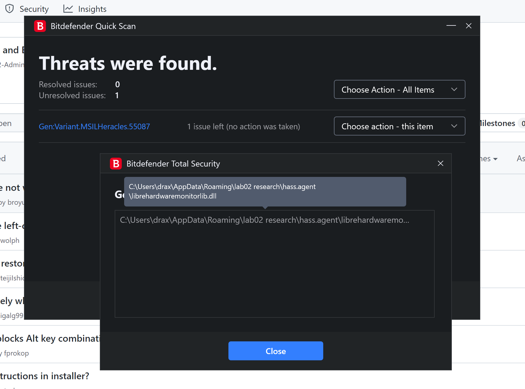 Misc: Bitdefender says threat found · Issue #230 · LAB02-Research/HASS.Agent · GitHub