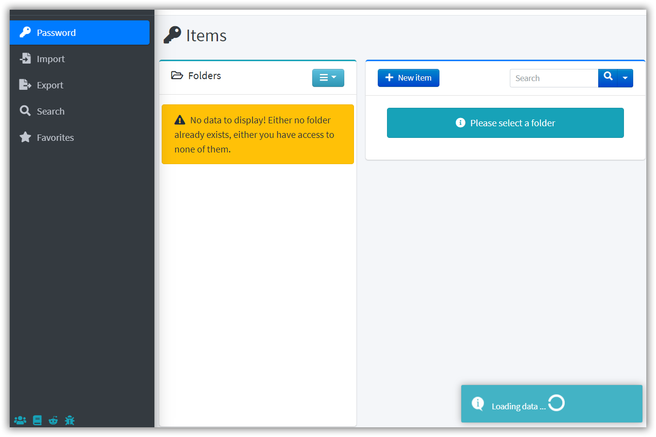 New user can't access credential items "No data to display! Either no folder already exists ...