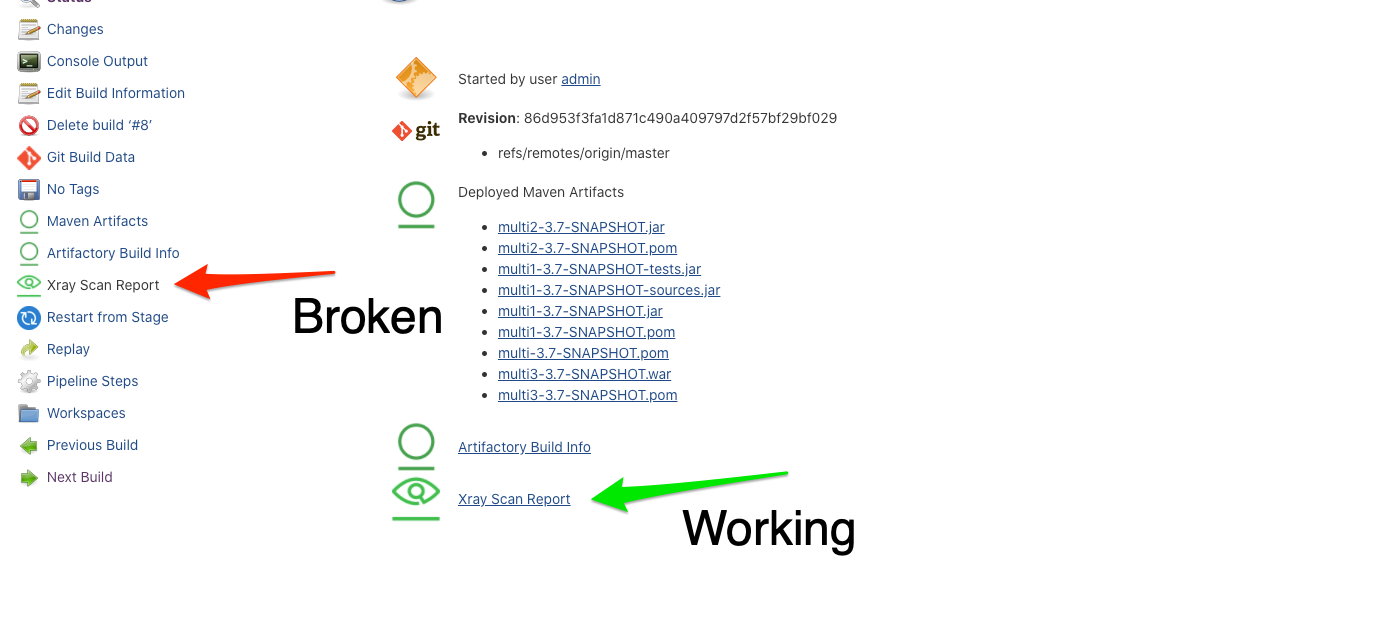 Xray Scan Report link on the left panel is broken when there are special characters in the build ...
