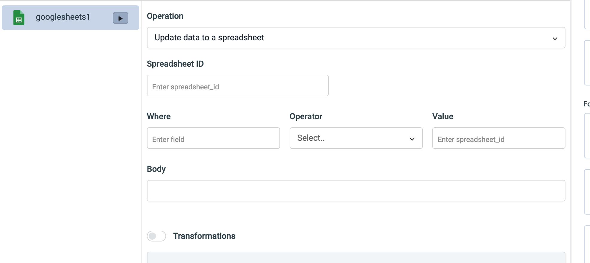 [GoogleSheets as DataSource] Query - Update data to a spreadsheet, Issue - Unable to set object ...