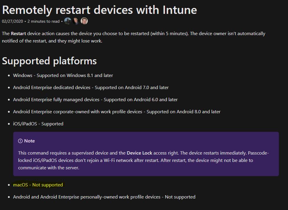 MacOS Remote Actions documented as unsupported but they exist in the Intune Portal Remote ...