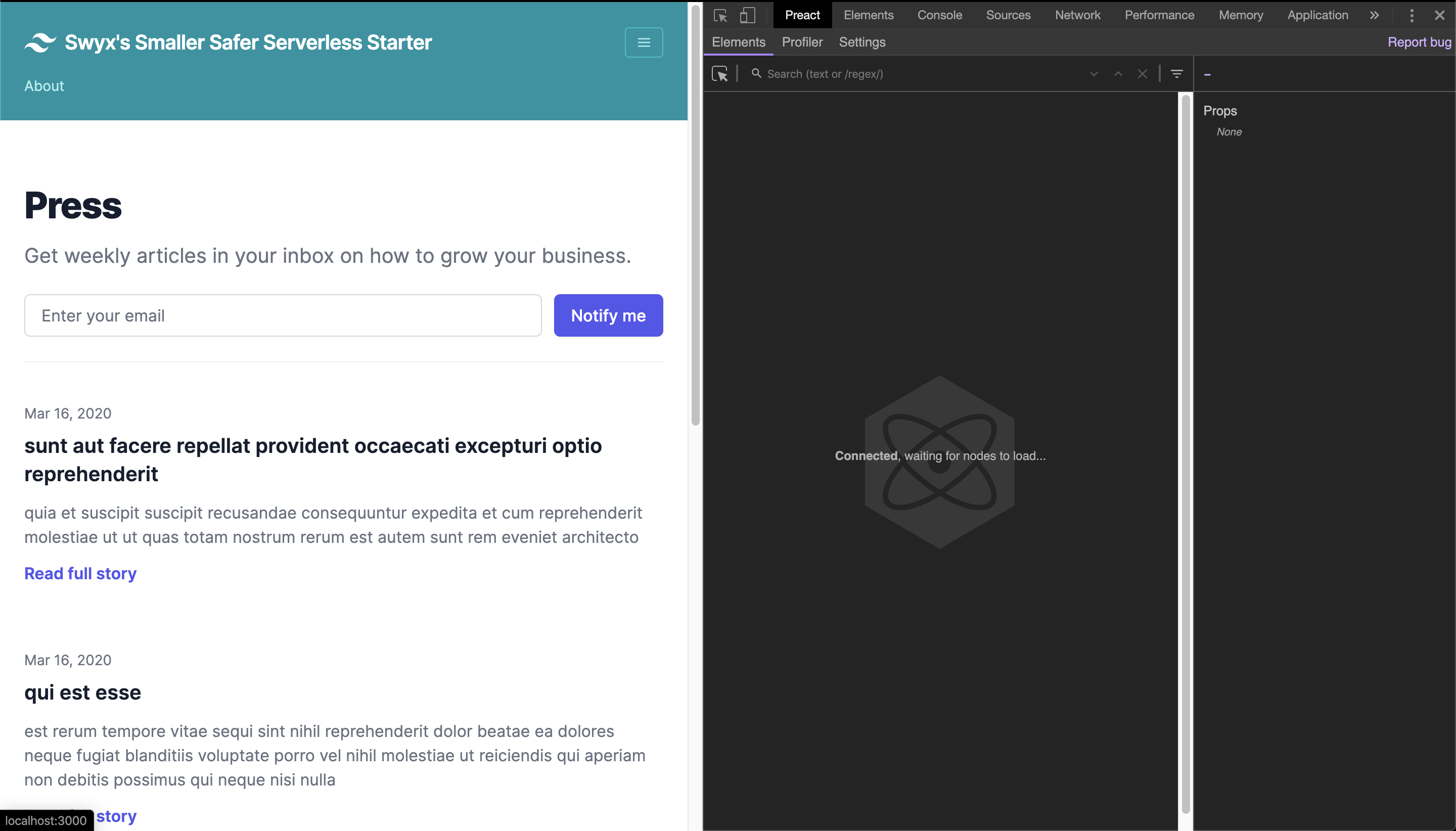 Devtools break with Preact + Next.js + Tailwind - "Connected, waiting for nodes to load ...