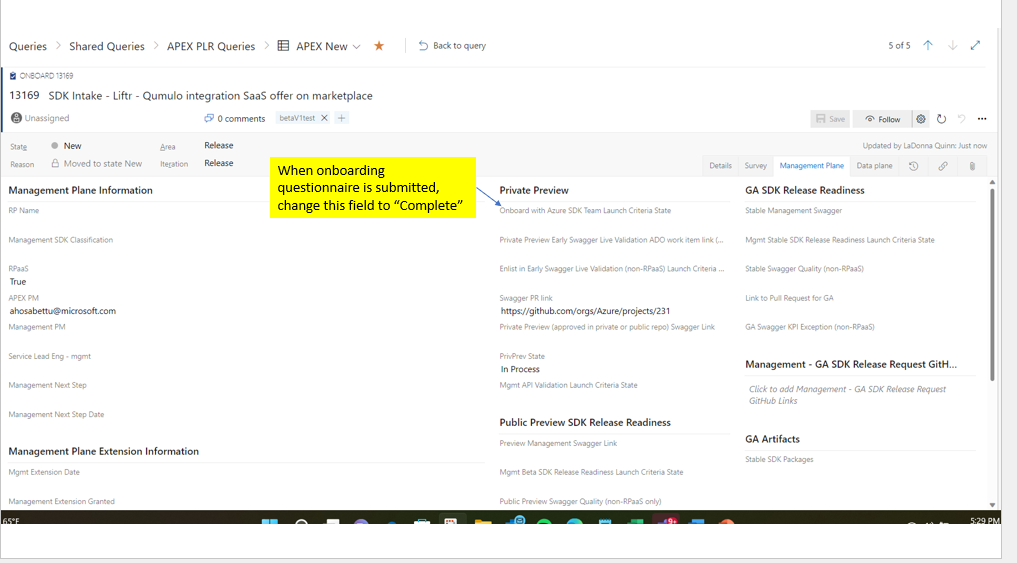 When onboarding questionnaire is submitted, change the ADO field that maps to the launch ...