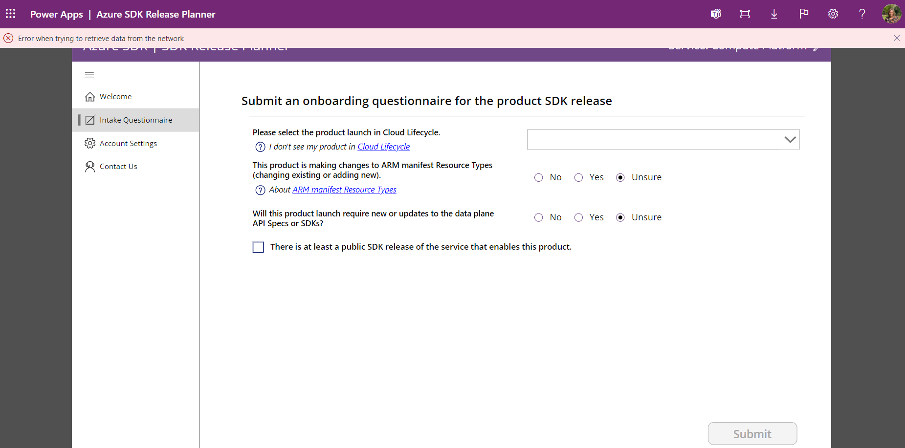 Network Error Azure Sdk Release Planner App Beta 1 · Issue 4494 · Azure Azure Sdk Tools · Github