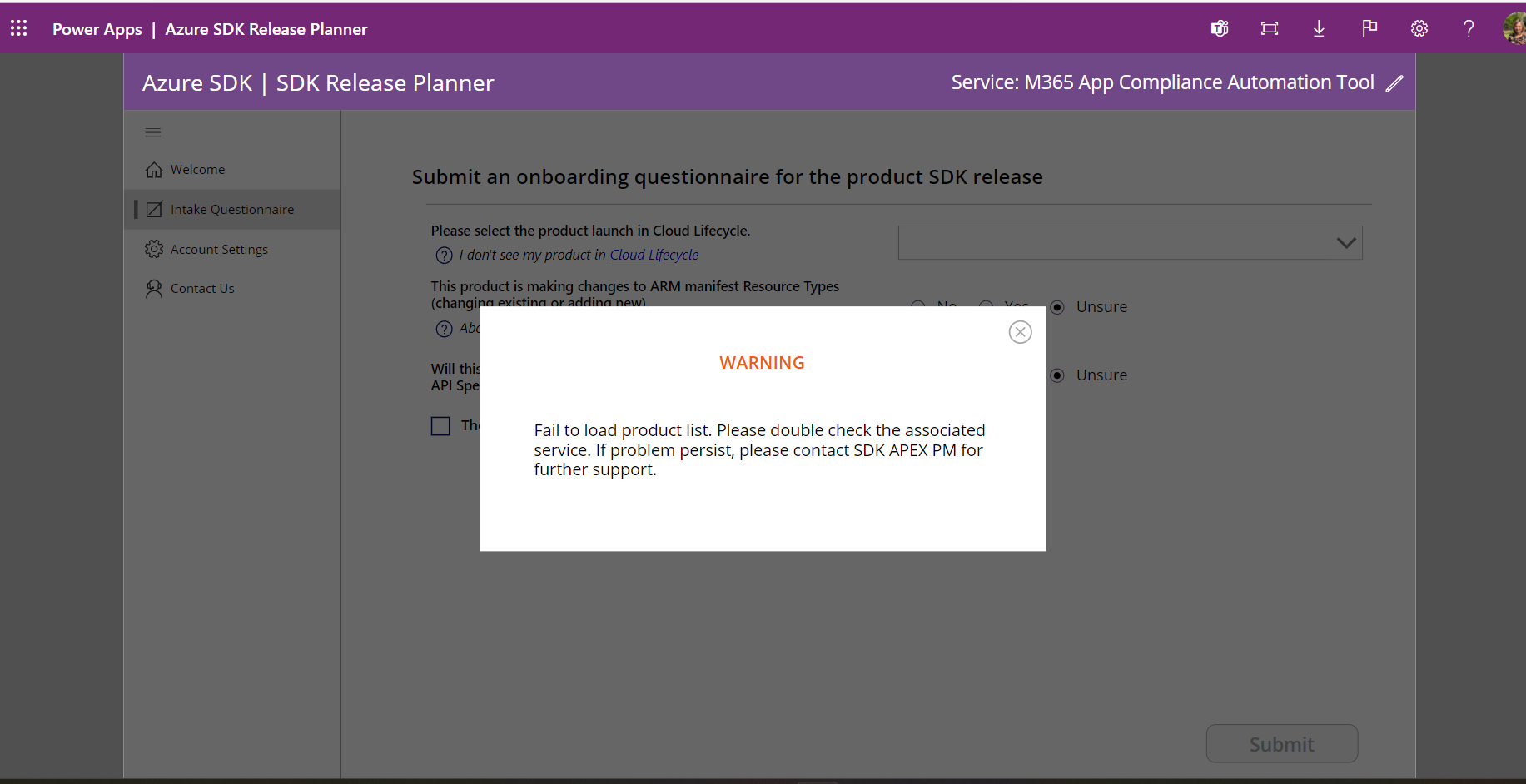 Error: Intake Questionnaire for App Compliance Automation Tool for Microsoft 365 · Issue #4506 ...