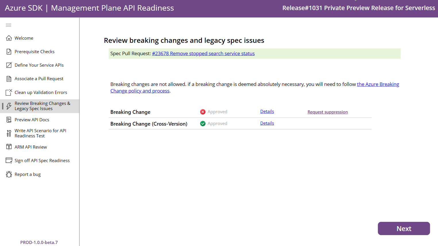 Breaking change did all pass in the API readiness app, API readiness signoff shows passed and ...