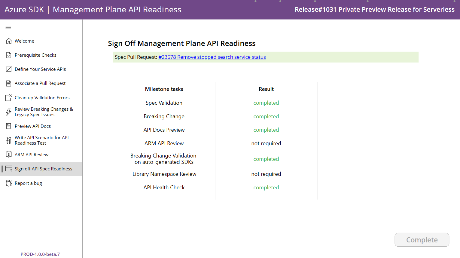 Breaking change did all pass in the API readiness app, API readiness signoff shows passed and ...