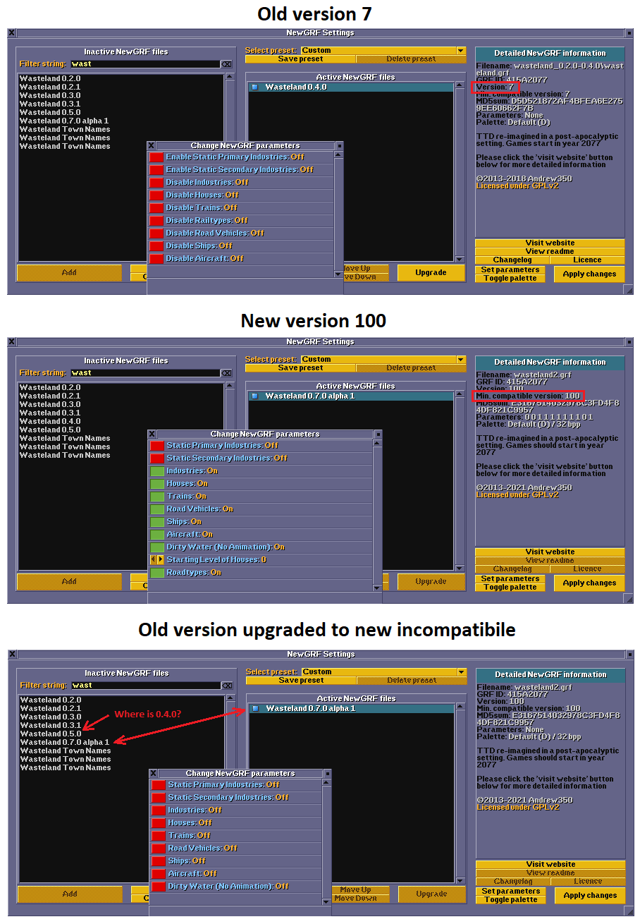 Updating add-ons in the NewGRF settings window don't take into account the compatibility ...