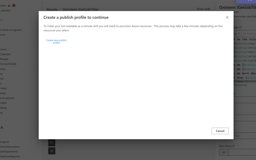 [UI bug] [Export as skill] When no publish profile exists directly take user to the publish ...