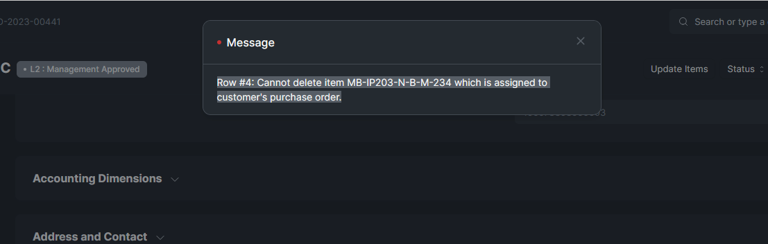 Deleting items on linked PO using 'Update Items' is not updating ordered quantity in sales order ...
