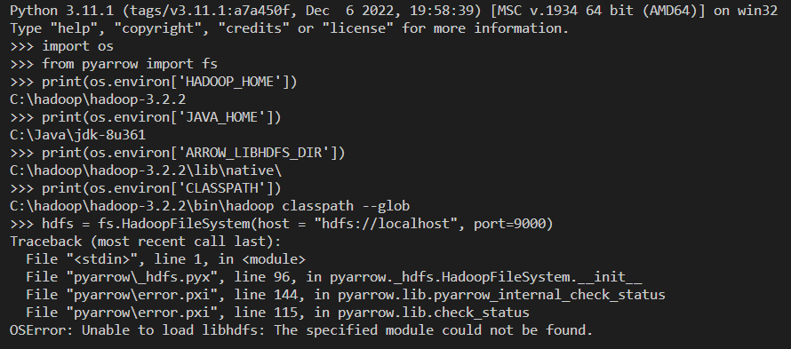 [C++][Python] Filesystem Interface: HadoopFileSystem unable to connect to hdfs - libhdfs not ...