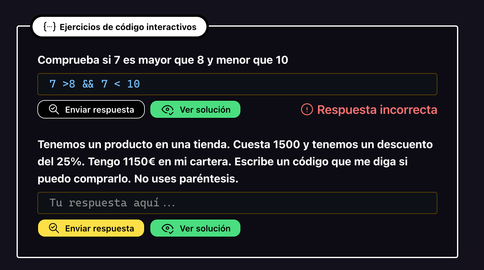 Ejercícios de codigo interactivo - Evaluación de respuesta correcta vs incorrecta · Issue #56 ...