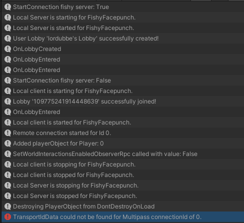 Using FishySteamworks on disconnect throws Error TransportIdData could not be found for Multiass ...