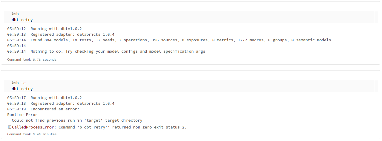 [CT-3217] [Bug] Multiple calls of `dbt-retry` fail with exit code 2 · Issue #8848 · dbt-labs/dbt ...