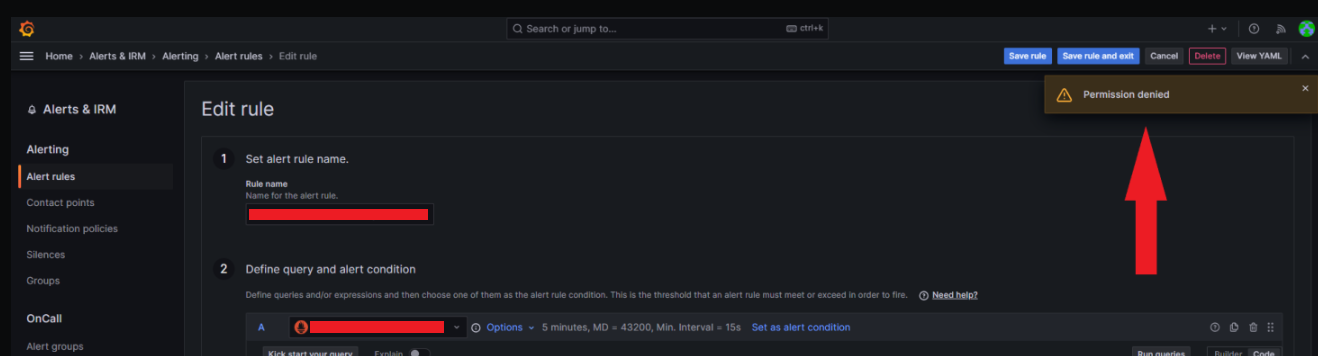 Alerting: Permission denied when edit existing alert - /api/v1/ngalert/alertmanager status=403 ...