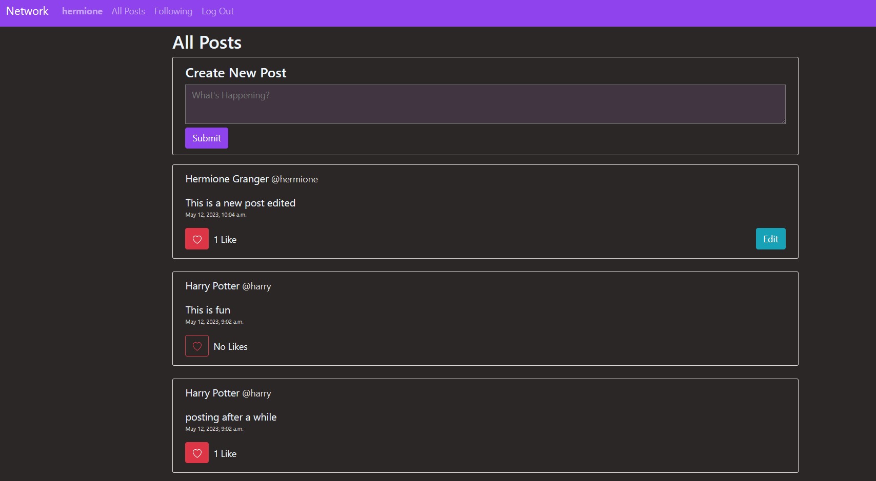 GitHub - Ashe-png/CS50Web-Project4: Network Project created for cs50w