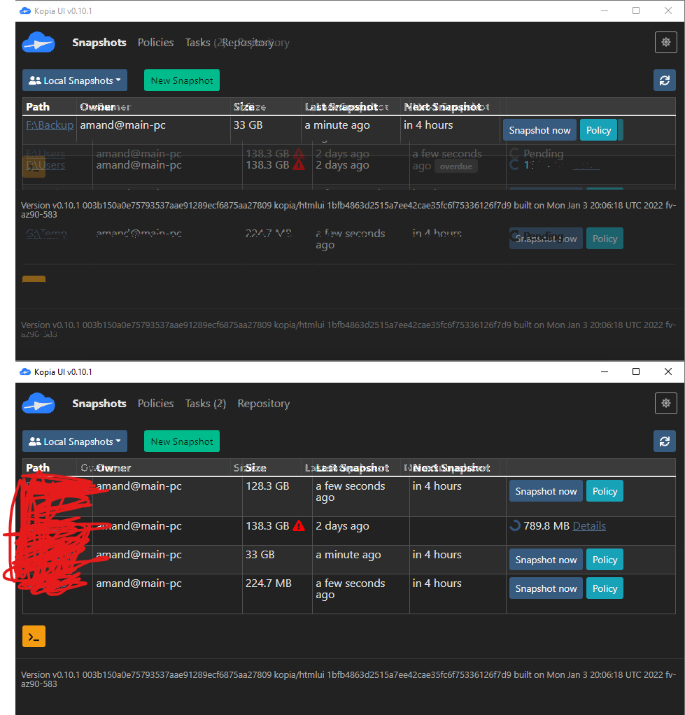 KopiaUI: With tasks running, multiple repositories' windows produce visual glitches · Issue ...