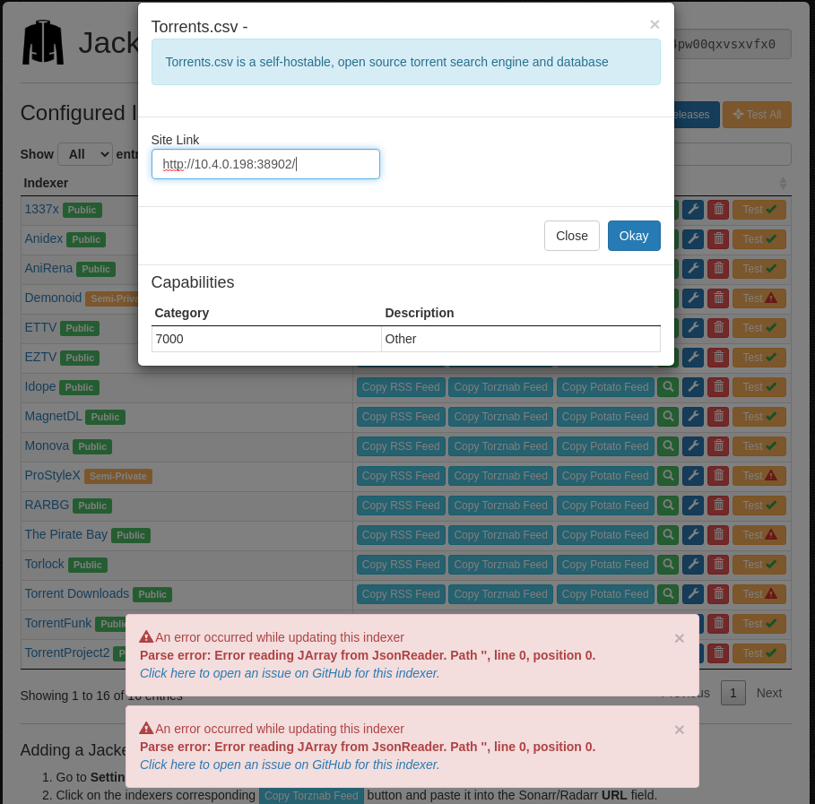 [torrentscsv] Parse error: Error reading JArray from JsonReader. Path '', line 0, position 0 ...