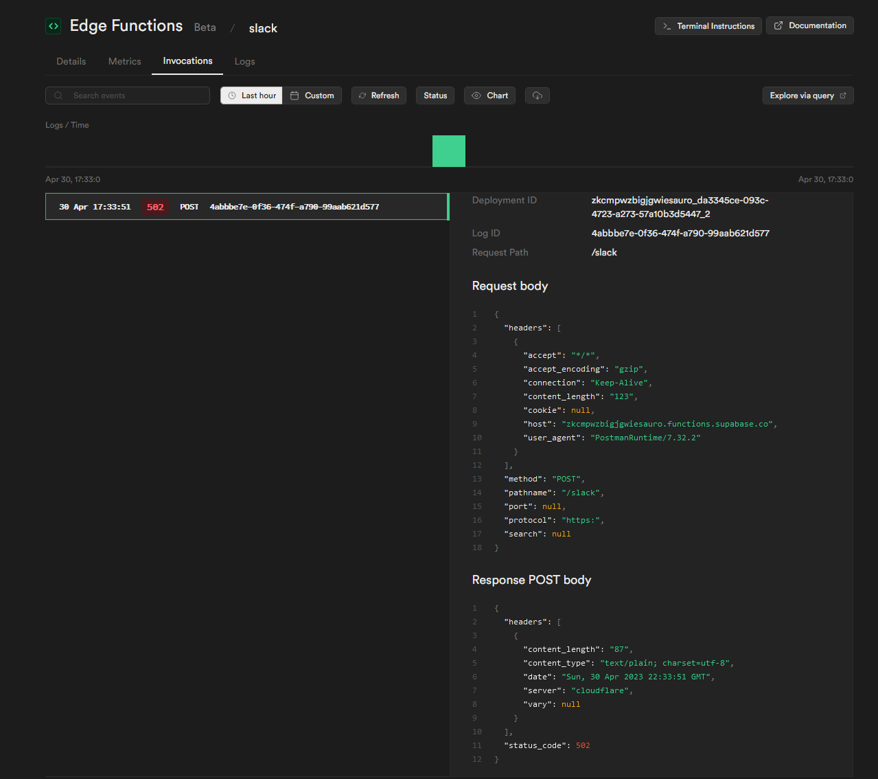 502 Response from deployed Edge Functions deployed which behaves normally when served locally ...