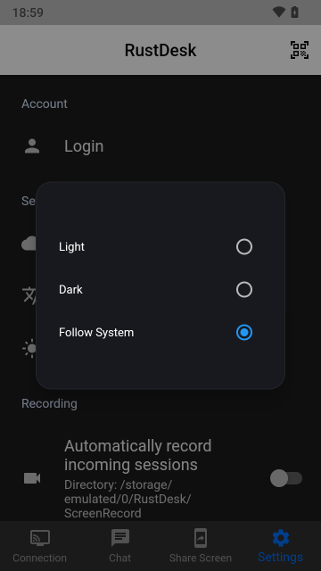 Android Theme Settings. Dialog always shows "Follow System" · Issue #3496 · rustdesk/rustdesk ...